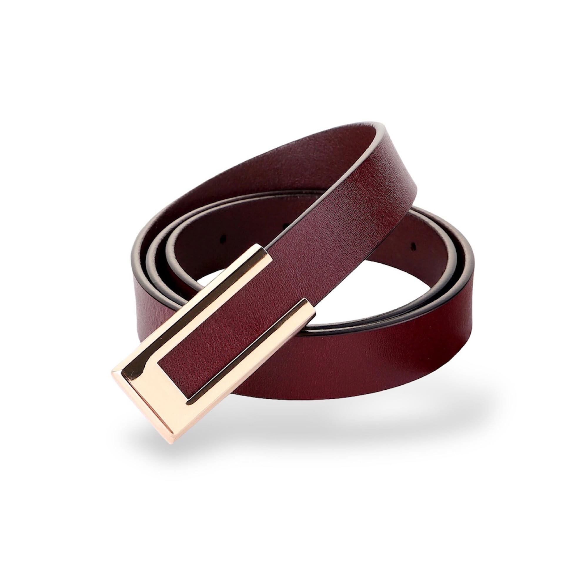 Women's Belt Soft Genuine Leather Belts Waist Belt Gold Solid Color Buckle Waistband For Pants, Jeans, Burgundy, For Waist 28"- 34", Women Size S-M, 4-6