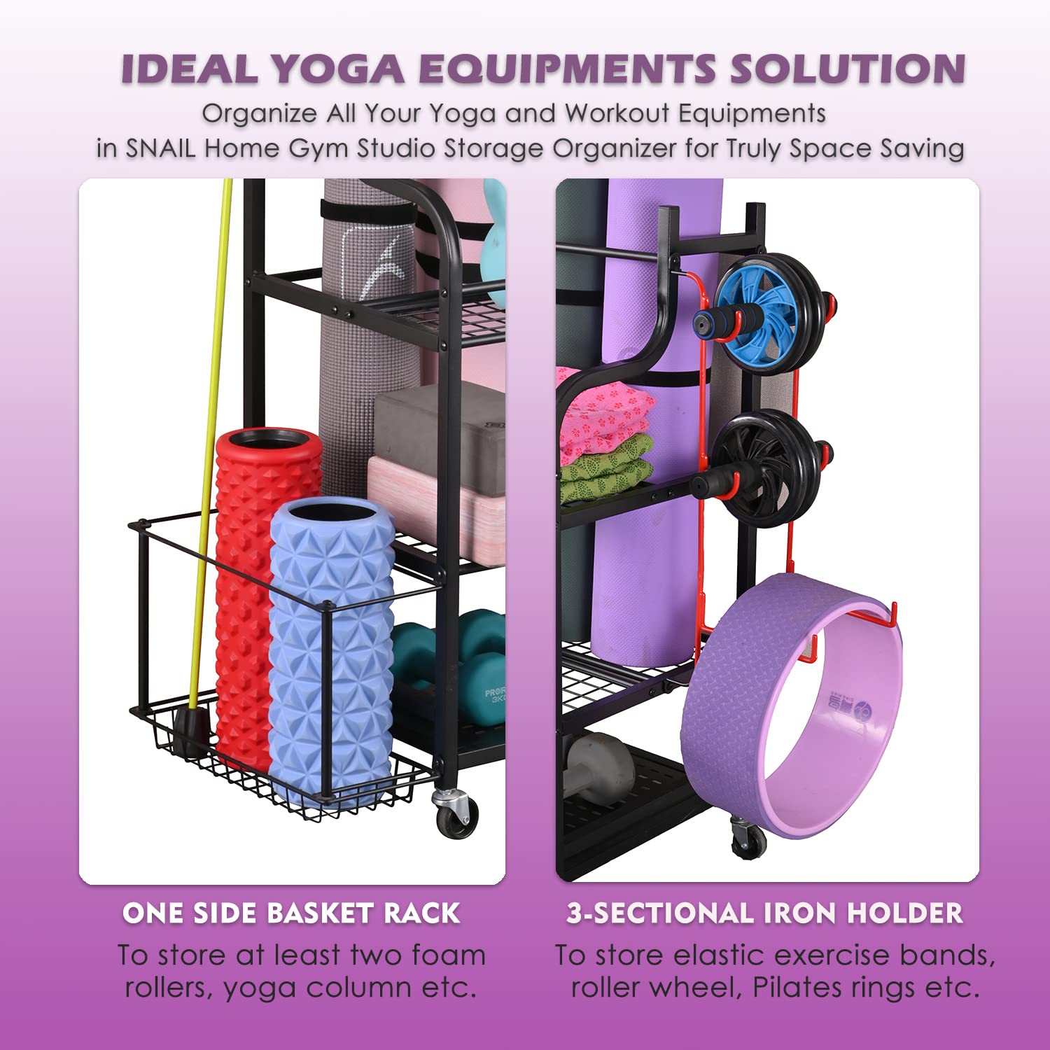 SNAIL Yoga Mat Storage Racks Home Gym Studio Storage Organizer for Dumbbells Kettlebells Foam Roller Yoga Strap and Resistance Bands Large Workout Equipment Storage Rolling Cart With Hooks and Wheels