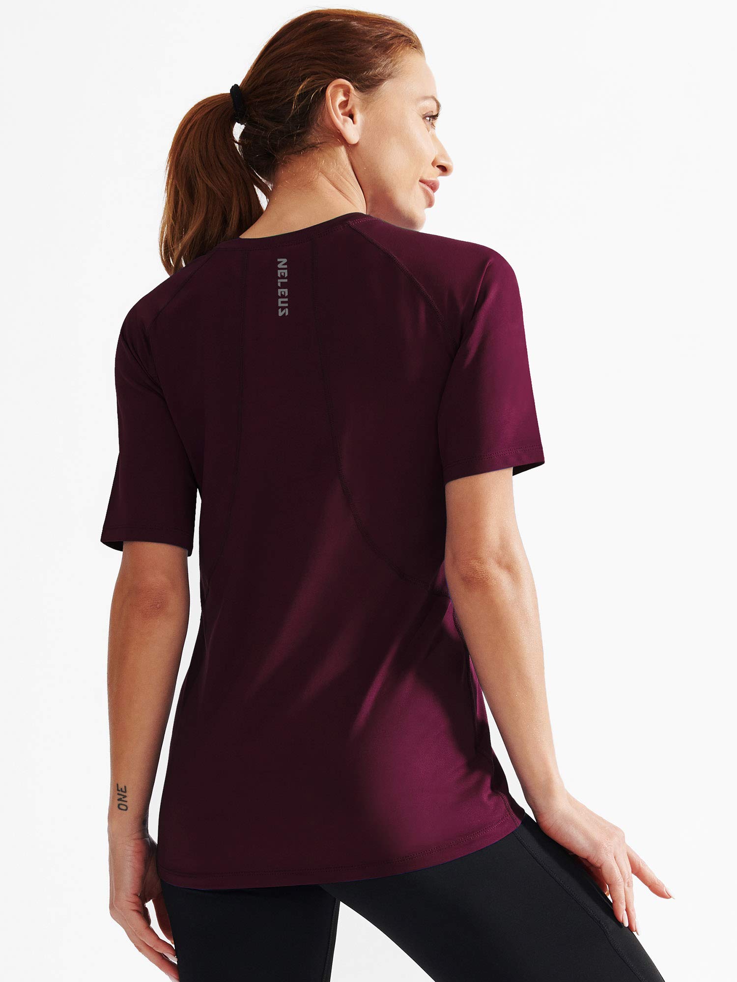 NELEUS Women's Workout Running Shirts Short Sleeve Athletic Yoga Tops,3 Pack,Black,Grey,Burgundy Red,2XL