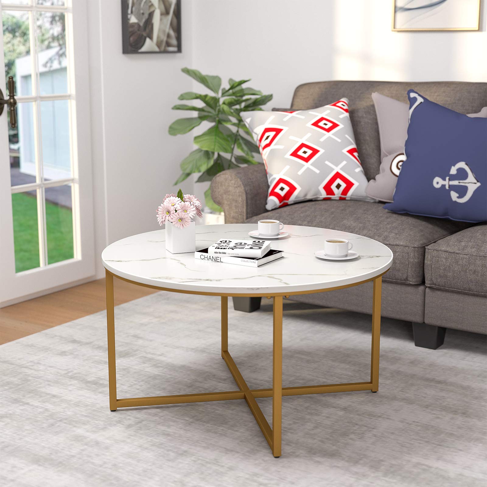 mecor Round Coffee Table, Modern Center Table with Faux Marble Surface top & Gold Metal Legs, Sofa Table for Living Room, Home Office - Marble/Gold