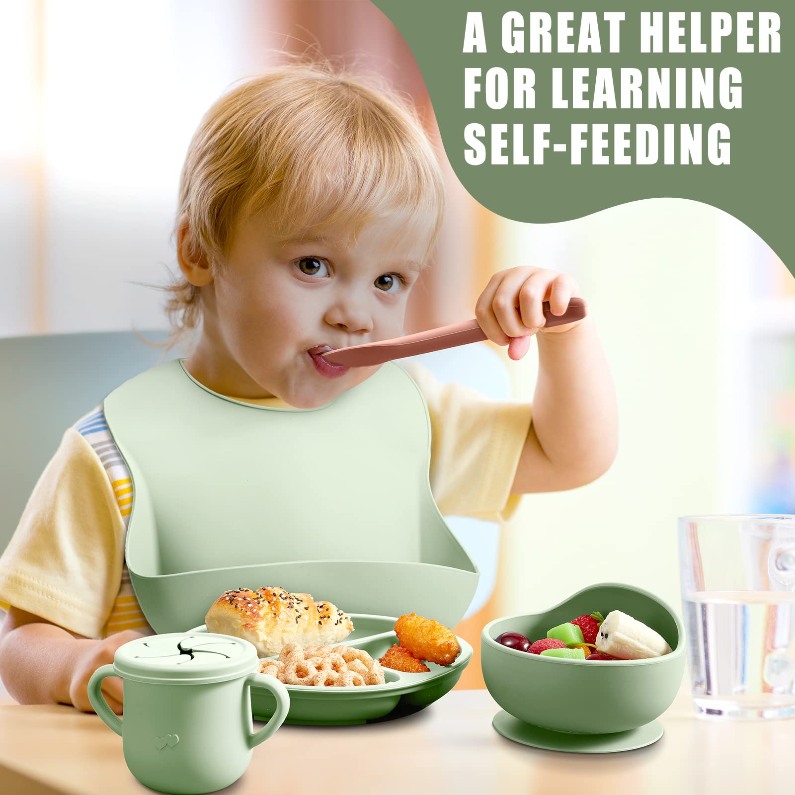 Potchen 14 Pack Baby Feeding Set, Silicone Baby Led Weaning Feeding Supplies with Suction Bowl Divided Plate Adjustable Bib Soft Spoon Fork Snack Cup with Lid Drinking Cup, Utensil (Army Green, Grey)