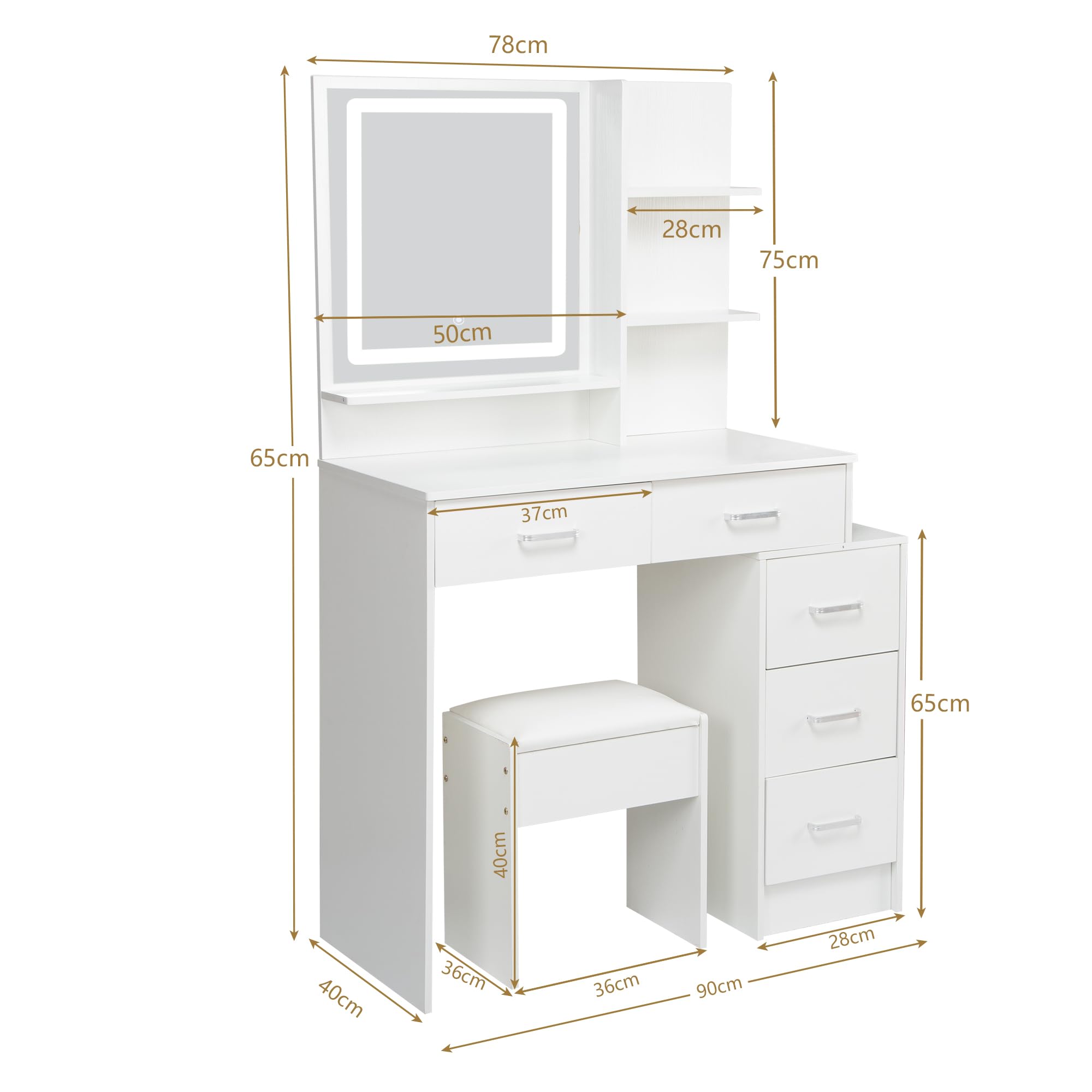 Lucaseone Vanity Table with Lighted Mirror, Makeup Vanity with Lights and Drawers, Vanity Desk Dressing Table with Cushioned Stool for Bedroom (3080 LED White)
