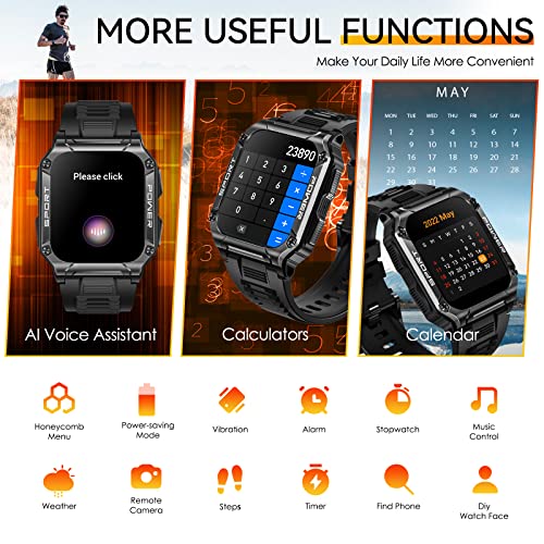 Military Smart Watch for Men with Compass, 1.95'' Rugged Tactical Smartwatch with Bluetooth Calling Message Reminder Heart Rate Sleep Monitor 100+ Sport Mode Big Battery Calculator for iPhone Android