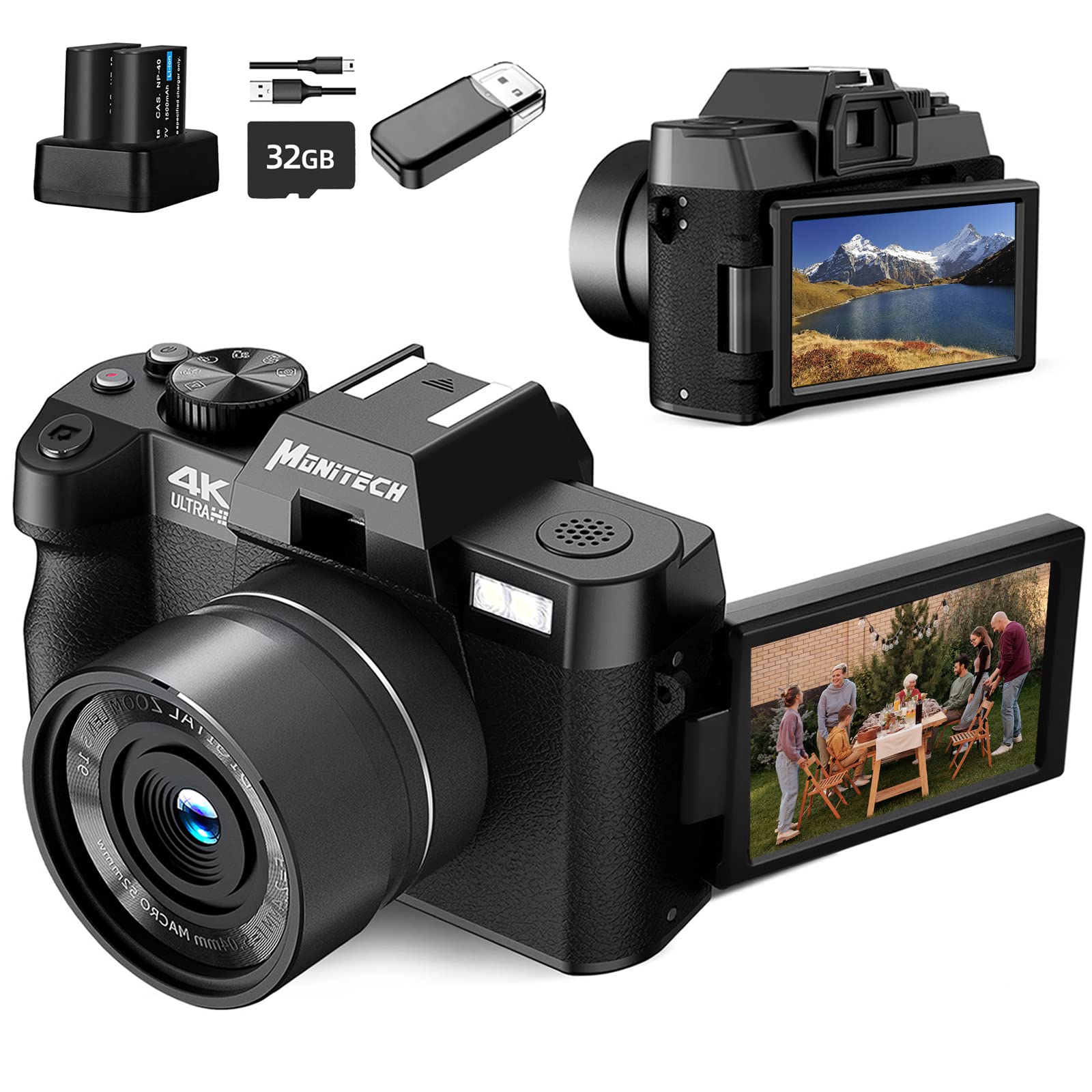 Mo 4K Digital Cameras for Photography,48MP Vlogging Camera for Video&YouTube with 180° Flip Screen,16X Digital Zoom,32GB TF Card, 2 Batteries