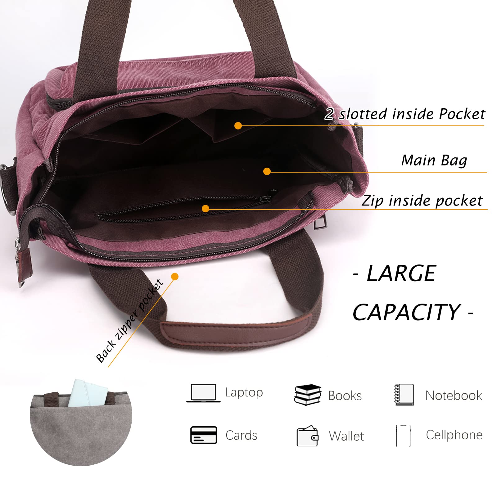 Women's Canvas Tote Purse Shoulder Crossbody Bag Handbag Multi-pocket Large Capacity Top Handle Work Bags(Fuchsia)