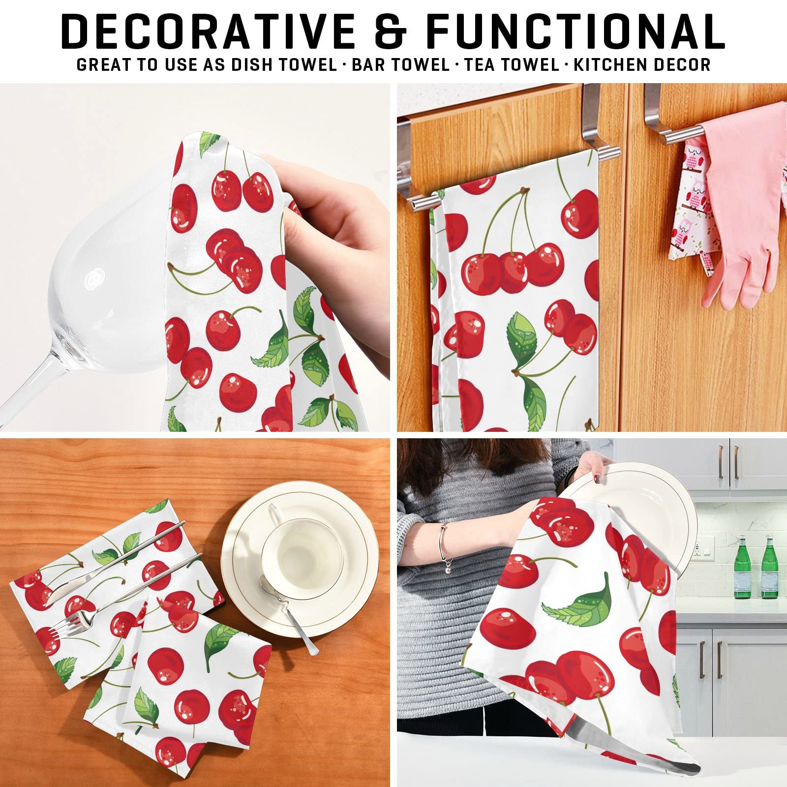 susiyo Red Cherry Fruits Kitchen Dish Towel, Set of 4 Pcs Soft Polyester Dish Cloth for Cooking Washing, 28 X 18 Inch