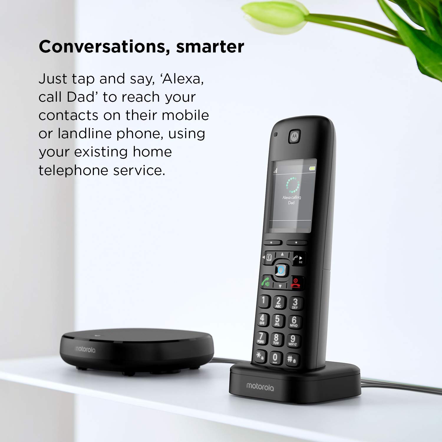 Motorola AXH01 DECT 6.0 Smart Cordless Phone and Answering Machine with Alexa Built-in – 1 Cordless Handset Included, black, 1 handset pack