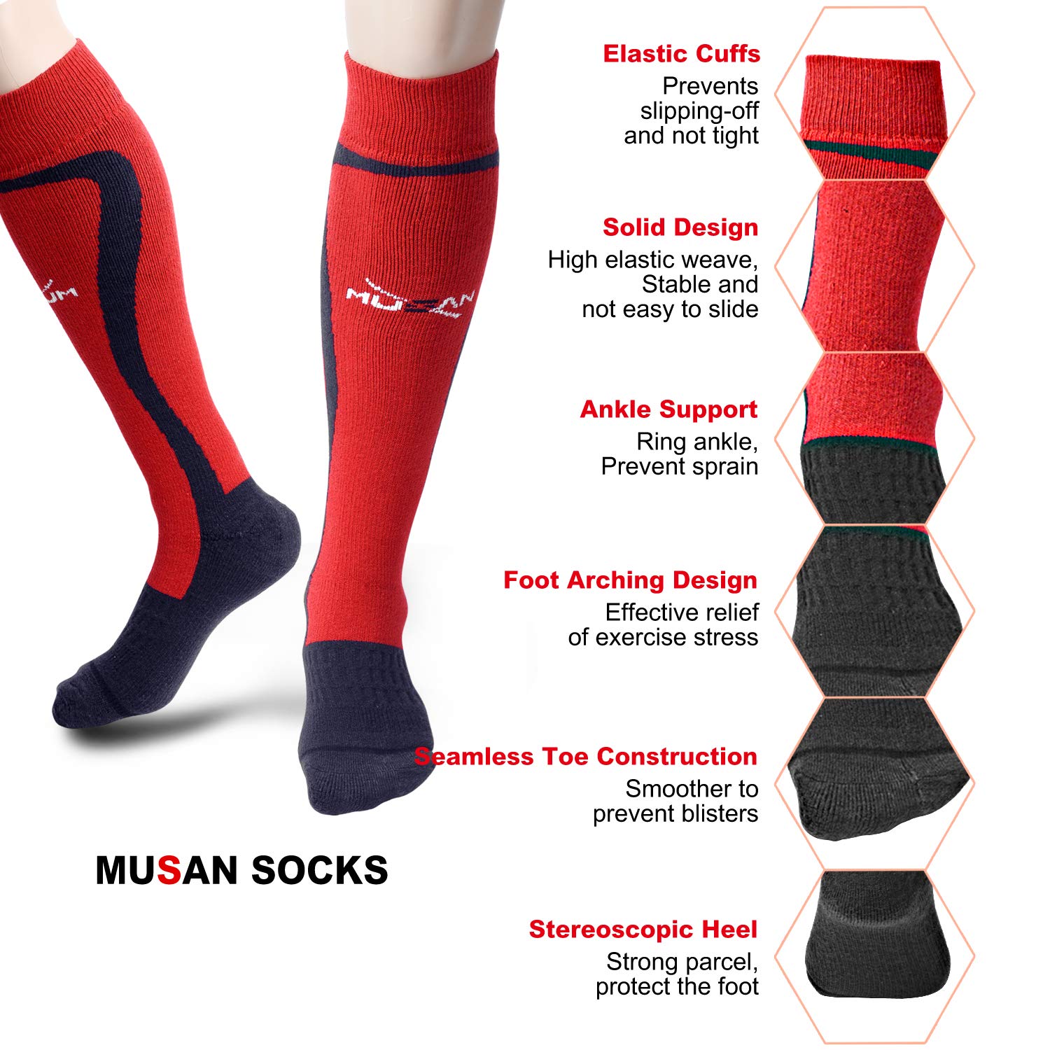 MUSAN Wool Ski Socks,Extra Warm Knee High Performance Snow Skiing/Snowboard Socks in Outdoor,Fit for Men and Women,19RED-3Pack, Size:M