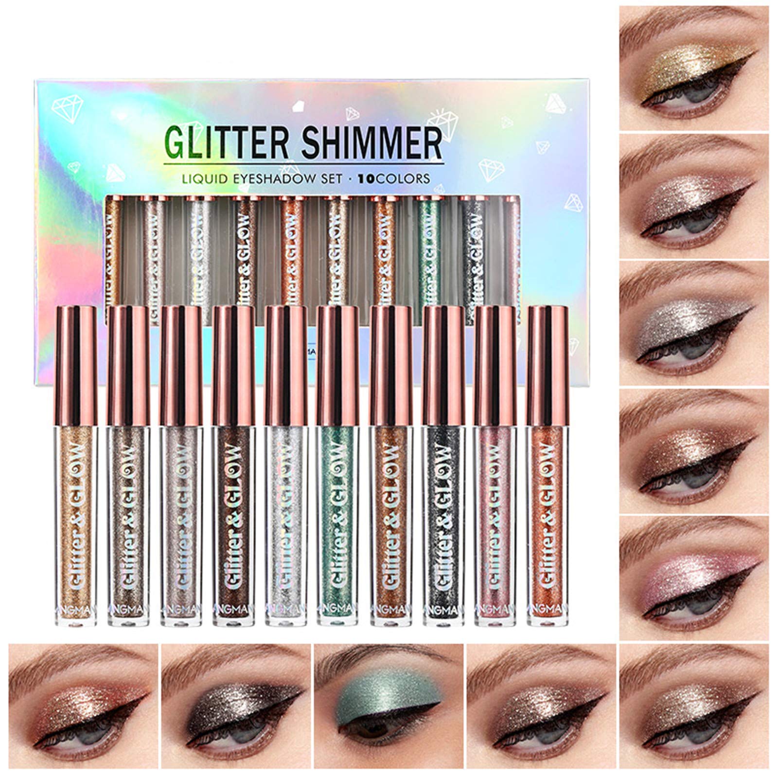 Langmanni 10PCS Liquid Eyeshadow, Shimmer Glitter Liquid Eye Shadow Set Waterproof Long Lasting Metals Sparkling Eyes Makeup Liquid Eyeshadow for Party Wedding Festival or Daily Makeup