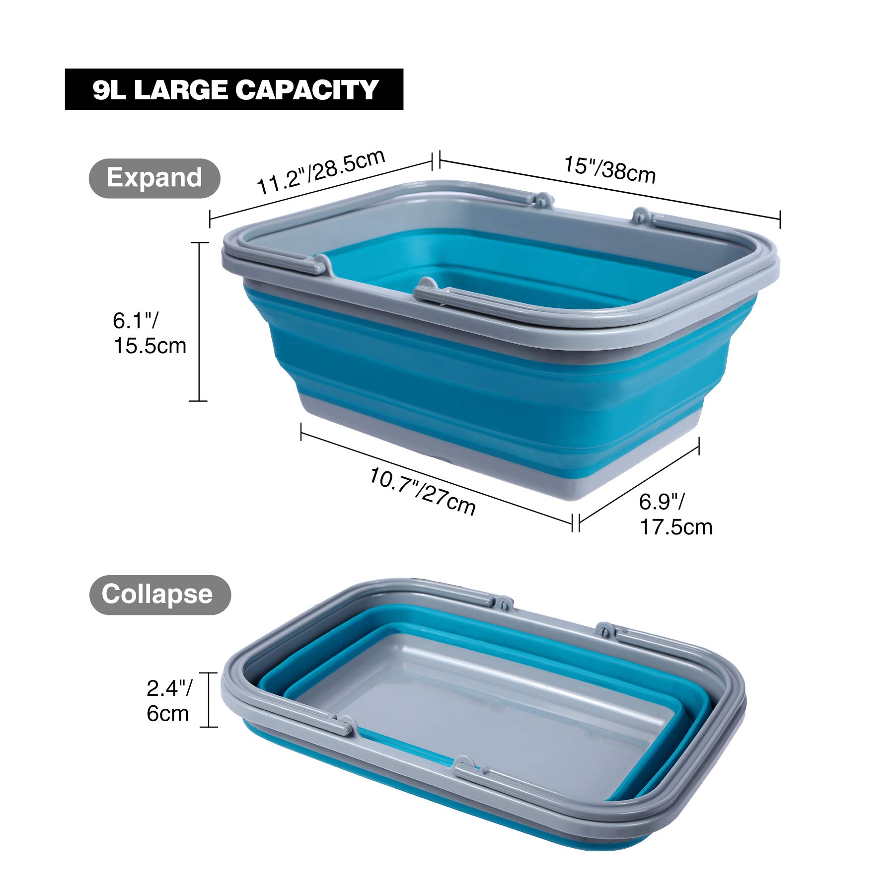 Playinyard 2 Pack Collapsible Camping Sink, 2.37Gal/9L Portable Wash Basin with Handle for Camping Hiking and Home, Green and Blue