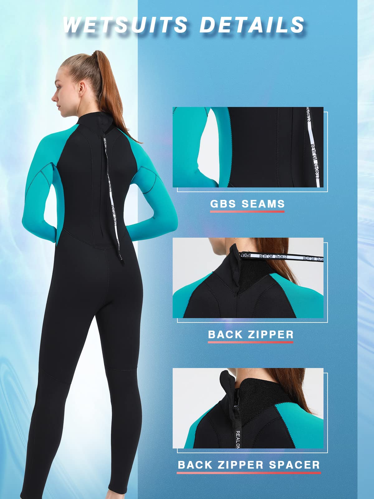 REALON Wetsuit Men 4/5mm Womens Neoprene Full Body Thermal Scuba Diving Suits, 5/4mm One Piece Wet Suit Cold Water Swimsuits for Surfing Snorkeling(4/5mm Blue, Medium)