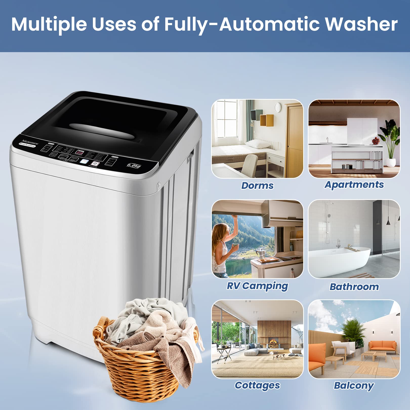 Nictemaw Portable Washing Machine 17.8 Lbs Mini Compact Washing Machine Washer Laundry Washer And Dryer With Drain Pump, 10 Programs Selections with LED Display Low Noise and Easy Store for Apartments