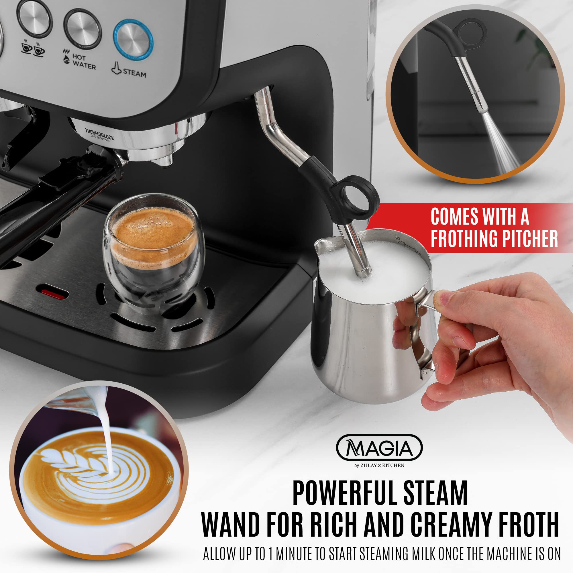 Magia Manual Espresso Machine with Grinder and Milk Frother - 15 Bar Pressure Pump Cappuccino Machine and 1 Gallon Cold Brew Coffee Maker with EXTRA-THICK Glass Carafe & Stainless Steel Mesh Filter