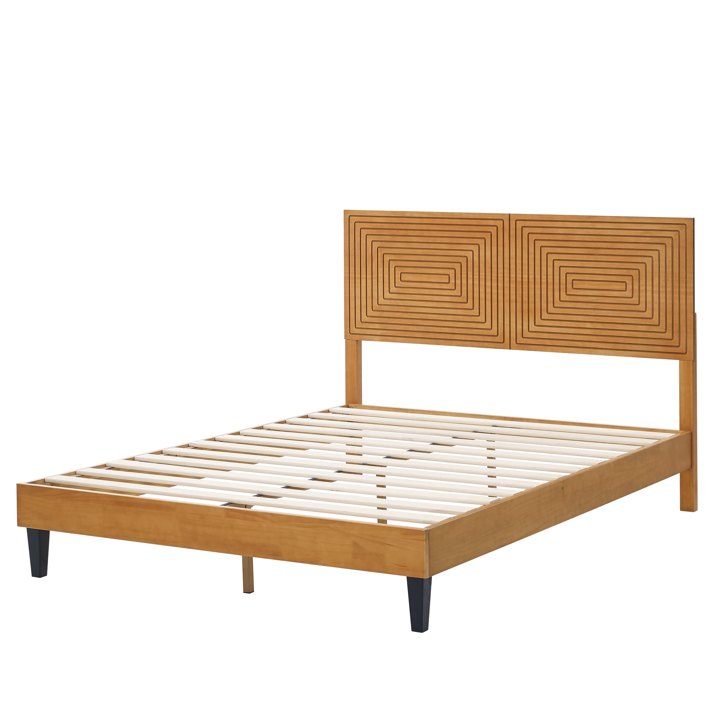 MUSEHOMEINC Mid Century Modern Solid Wood Platform Bed,Full Size Bed Frame with Adjustable Height Headboard, Wood Slat Support Bed Frame, Bed Frame No Box Spring Needed