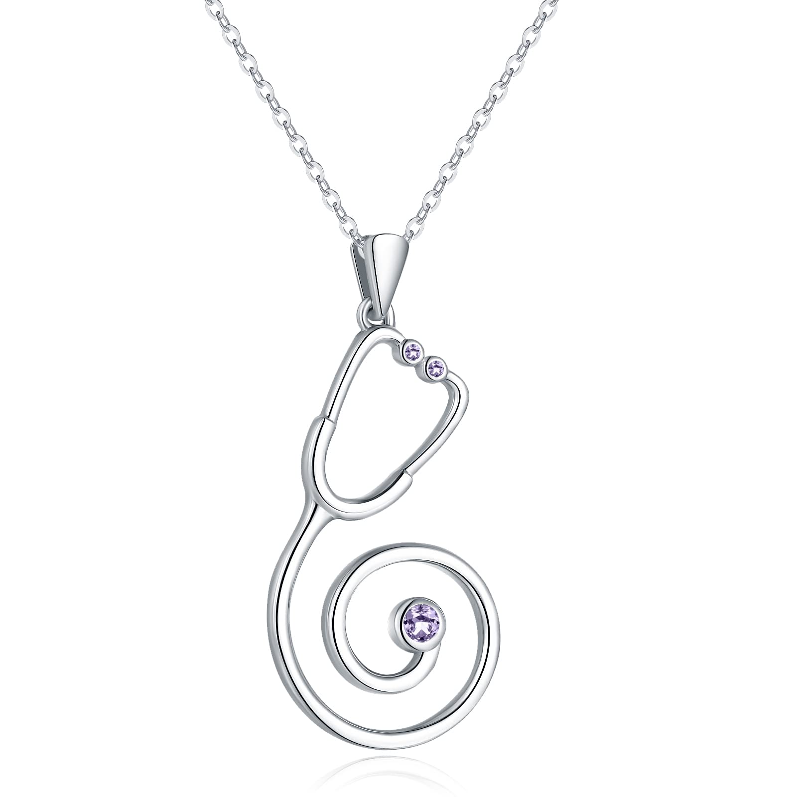 Ring Holder Necklace for Nurse - 925 Sterling Silver Stethoscope Necklaces Bcirthstone Medical Jewelry for Doctor Nurse RN Medical Student Graduation Gifts for Women (Amethyst(June))