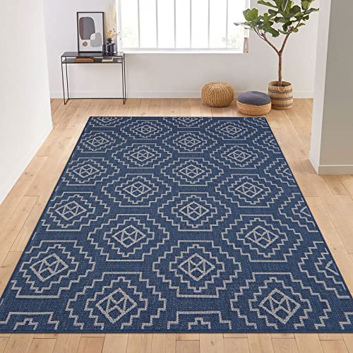 U'Artlines Indoor Outdoor Area Rugs Boho Chic Aztec Non-Shedding Large Floor Mat and Rug for Outdoors, RV, Patio, Backyard, Deck, Picnic, Beach, Trailer, Camping (4' x 6', Cream/Navy Blue)