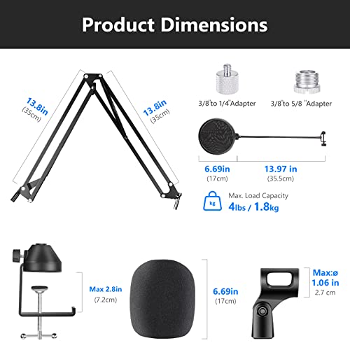 NEEWER Microphone Arm Mount, Suspension Arm Mount with Upgraded C-Clamp, Pop Filter, 3/8"-1/4" and 3/8"-5/8" Adapter, Mic Clip, Compatible with Blue Yeti Nano Snowball Ice