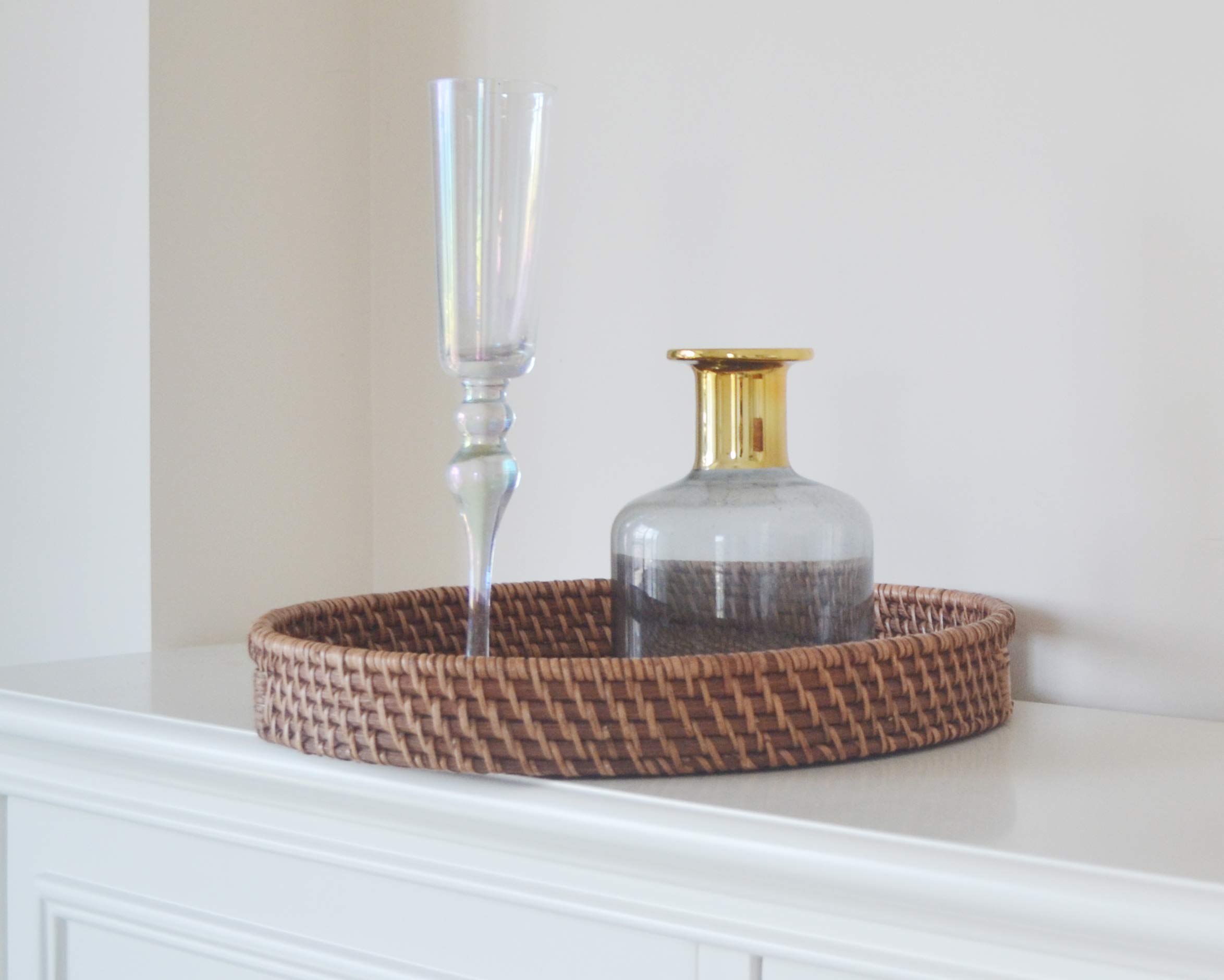 Round Rattan Woven Serving Tray with Handles Ottoman Tray for Breakfast, Drinks, Snacks for Coffee Table, Home Decorative (Honey Brown, 13.8"x2")