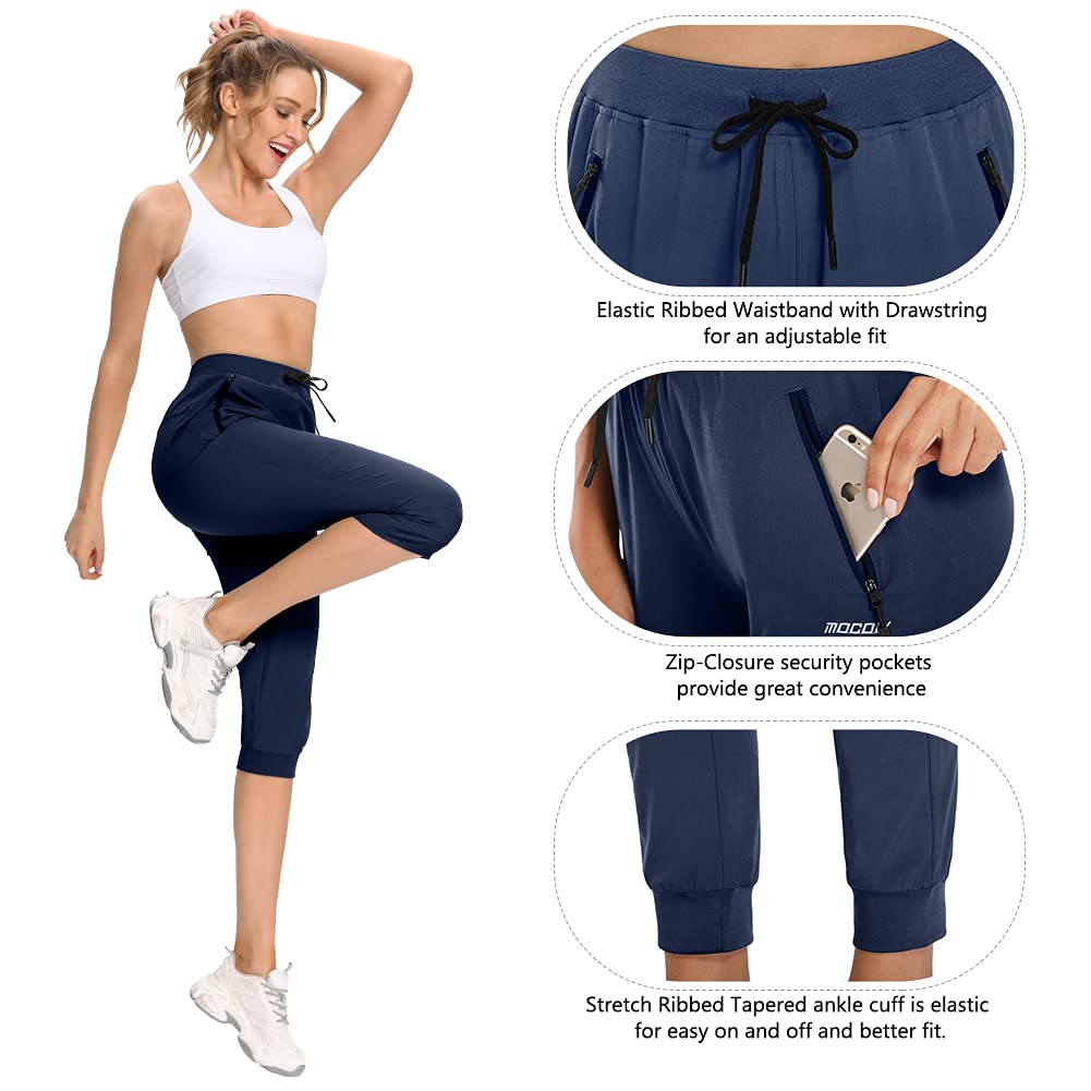 MOCOLY Women's Joggers Capris Cargo Pants 3/4 Hiking Capris Lightweight Running Sweatpants Water Resistant Casual Outdoor Navy Blue Large