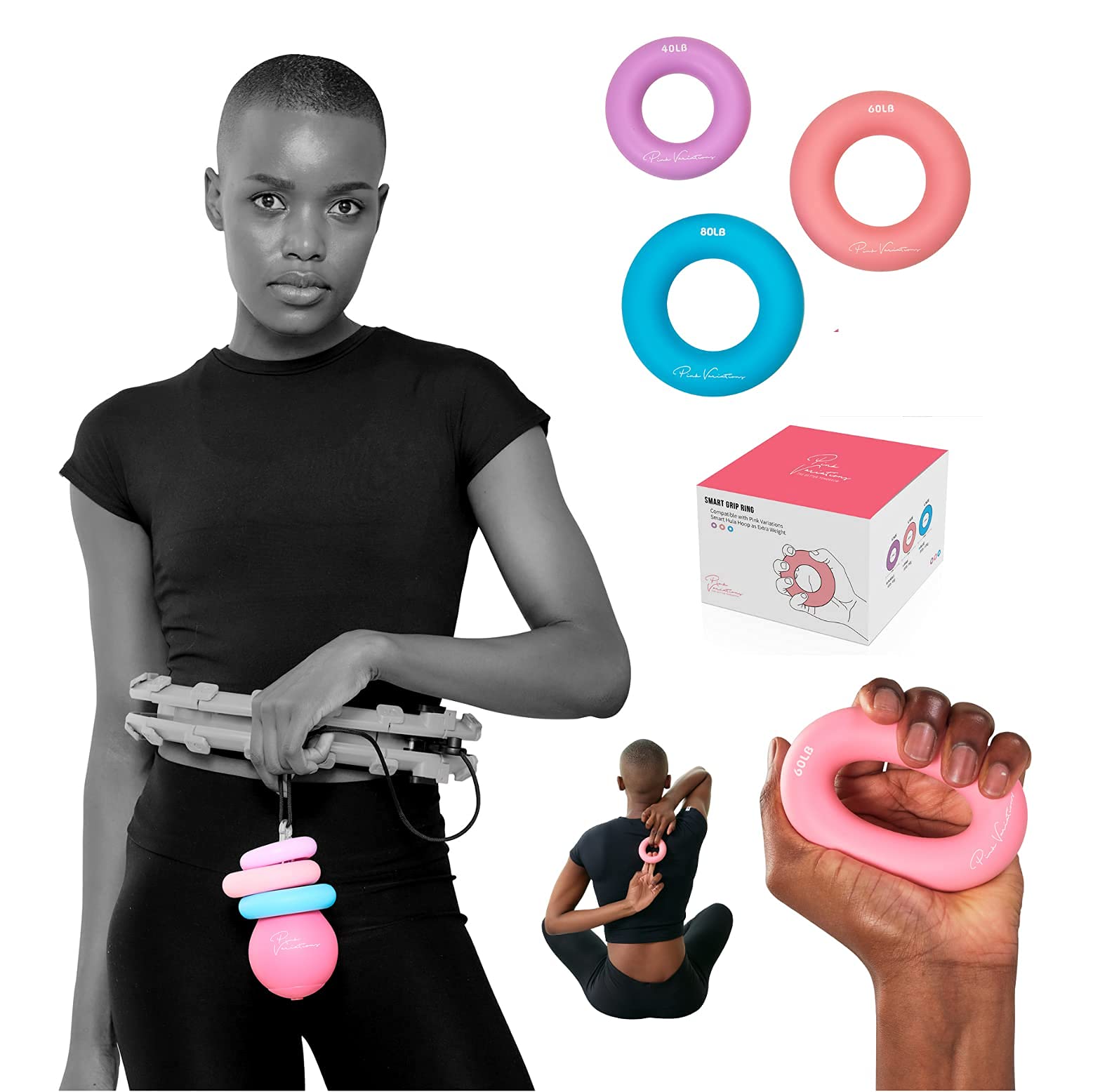 PINK VARIATIONS Smart Exercise Rings - Hoop Extra Weight - Hand Exerciser– Pilates Ring - Grip Strength Trainer Compatible with Smart Weighted Hoop Extra Weight-Ideal for Fitness, Rehabilitation, Yoga