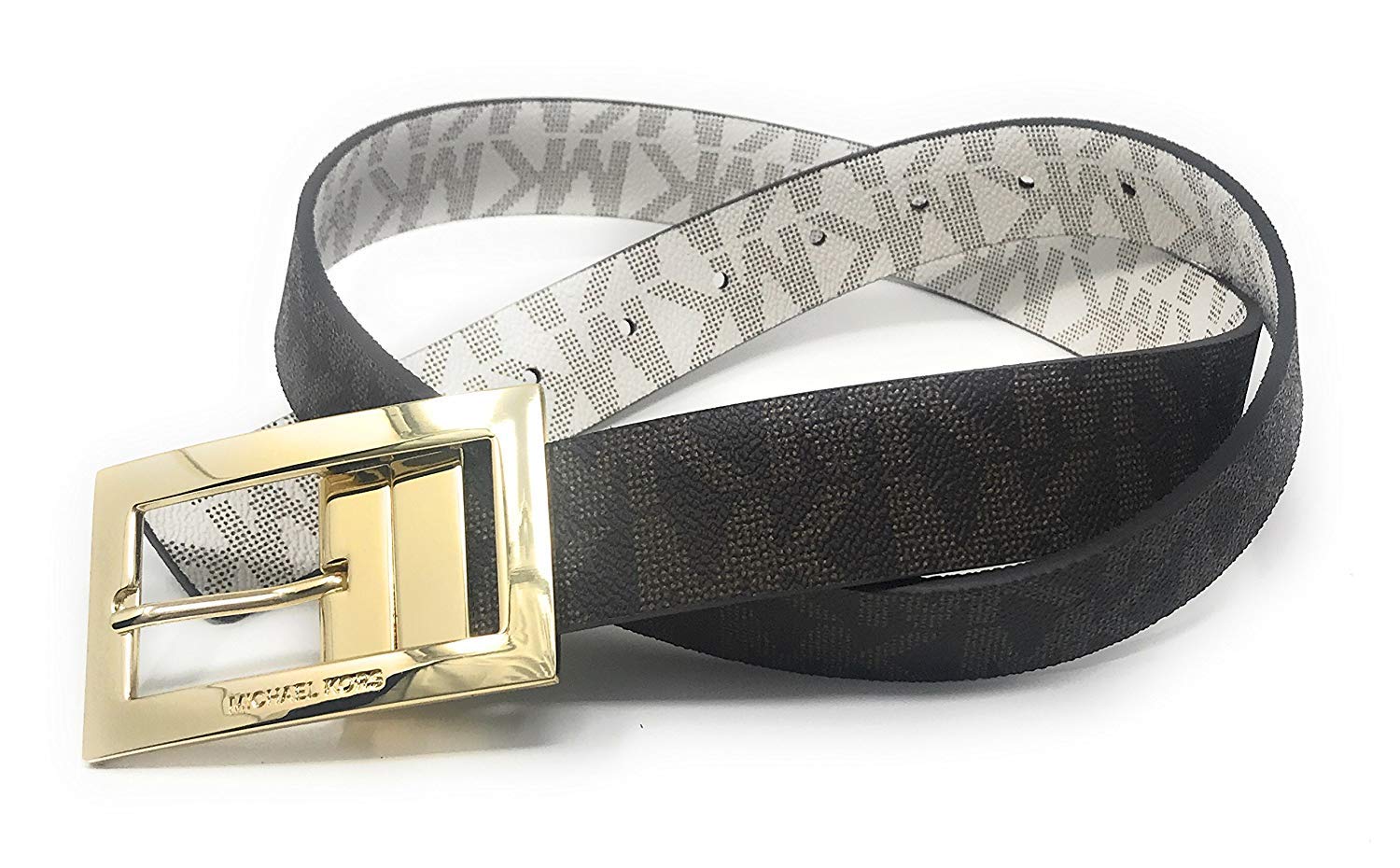 Michael Kors Women's Rectangle Buckle Reversible Brown To Vanilla Logo Belt (M)
