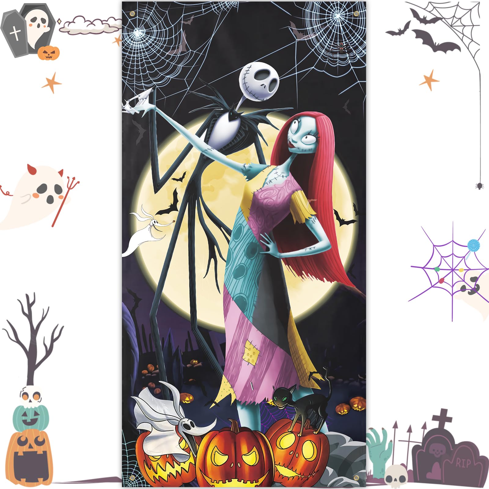 Nightmare Party Door Decorations, Christmas Door Banner Halloween Party Door Cover Welcome Door Sign Backdrop for Kids Birthday Party Supplies Halloween Decorations, 70.8 x 35.4 Inch