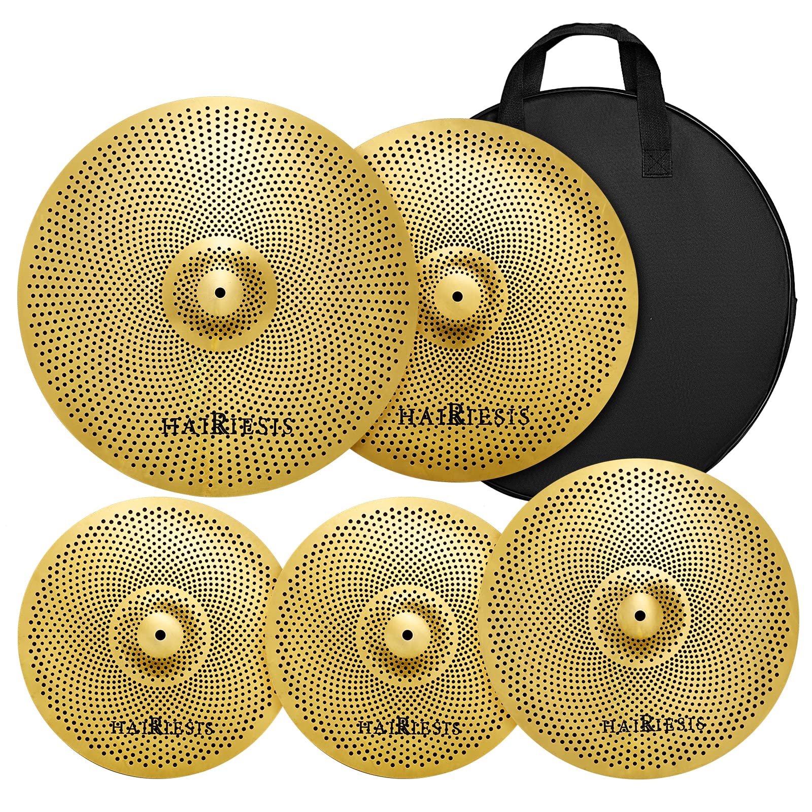 Silent Low Volume Cymbal Set 70%-80% Cymbal Set 14'Hi-Hat+16"Crash+18'Crash+20"Ride 5 pieces of Golden Drummer Practice Cymbals