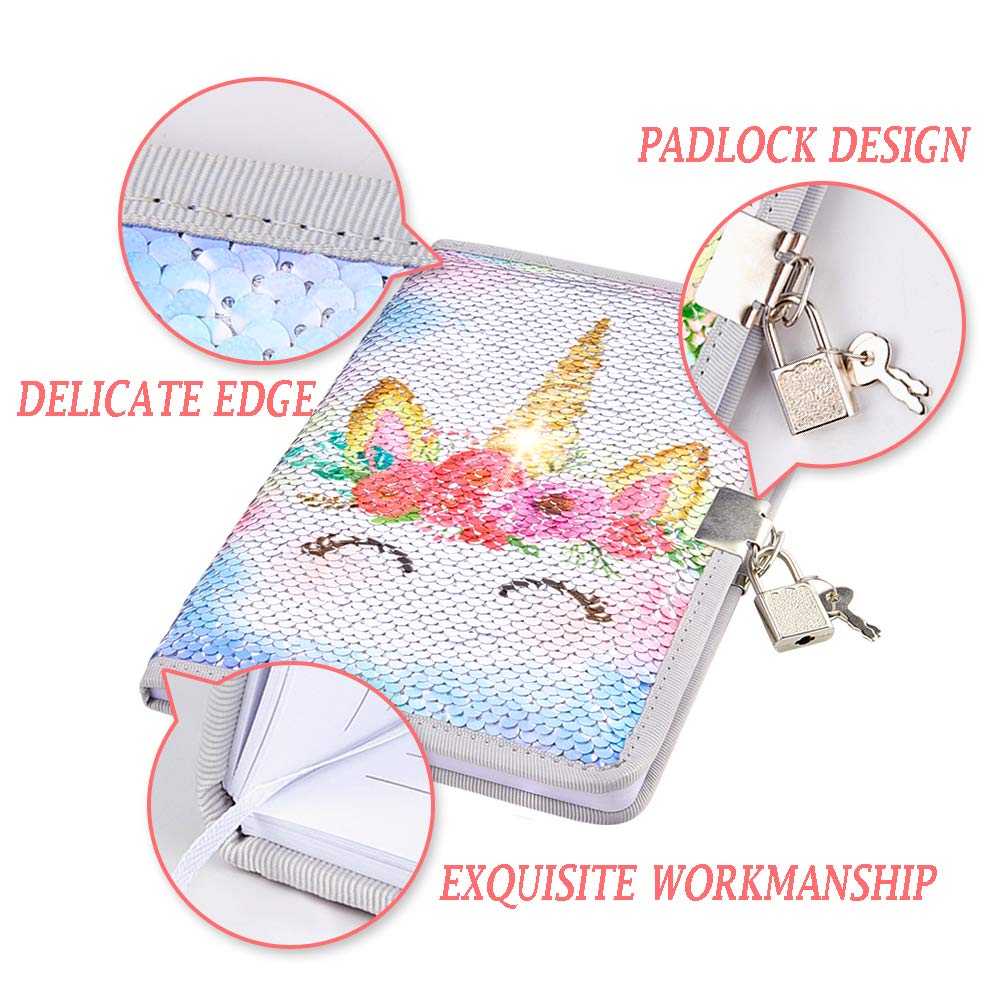 MHJY Sequin Unicorn Journal Secret Diary with Lock,Reversible Mermaid Sequin Notebook Private Journal Magic Unicorn Notebook Gifts for Girls