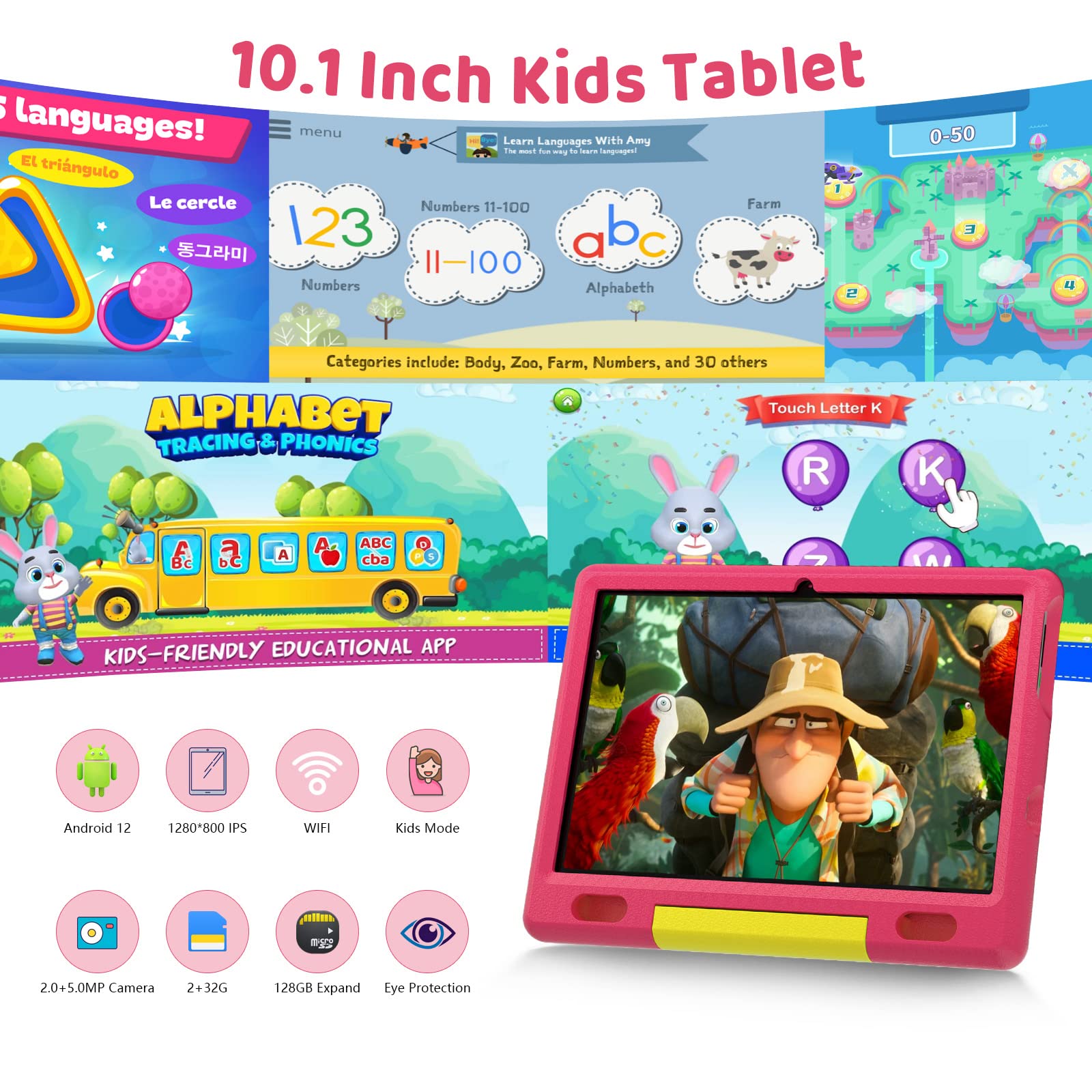 Mouikei Kids Tablet, 10 Inch Tablet for Kids, 2GB+32GB Android 12 Kids Tablets with Case, WiFi, Parental Control Mode, Dual Camera,1-Year Warranty
