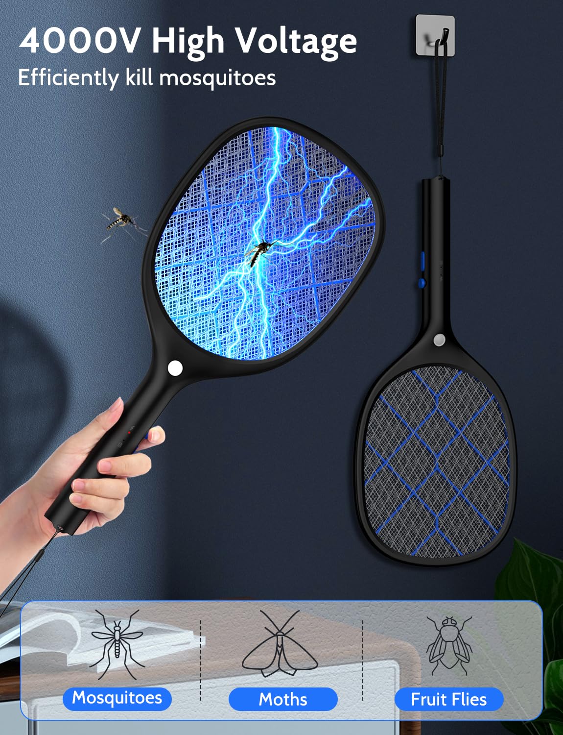 YISSVIC Electric Fly Swatter Bug Zapper Racket Rechargeable Mosquito Killer with LED Light for Indoor Home Office Backyard Patio Camping (Black)