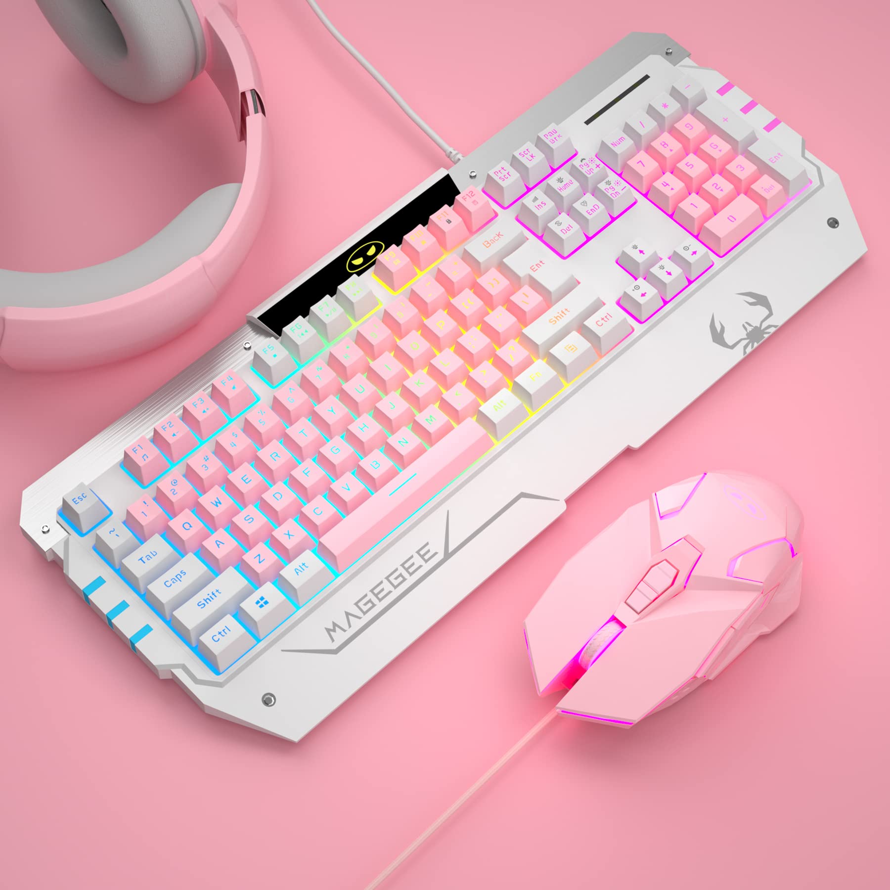 Pink Wired Gaming Keyboard Mouse Combo, Keyboard RGB Rainbow Backlit 104 Keys USB Ergonomic with Wrist Rest Keyboard with 4800 DPI Mouse for PC Gamer (White & Pink)