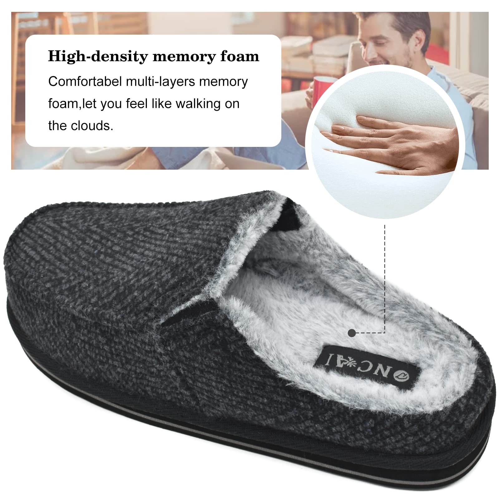 ONCAI Mens Slippers with Orthotic Arch Support,Cotton-Blend High-Density Memory Foam Plantar Fasciitis House Slippers Warm Stripe Faux Fur Clogs Slip-on Indoor Outdoor Rubber Sole BlackSize 10