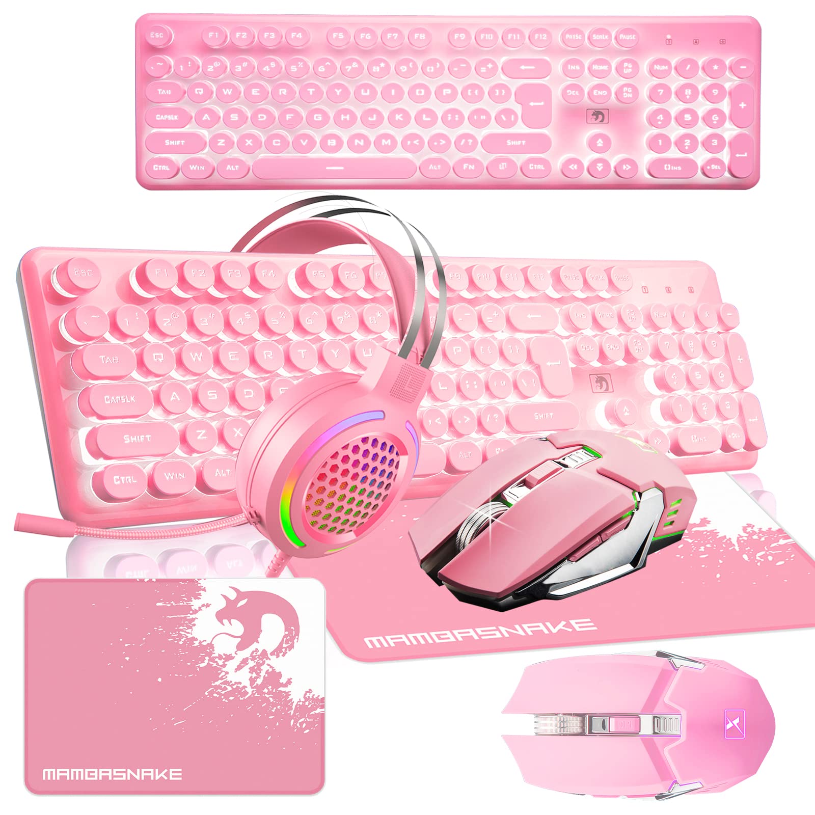Pink Wireless Gaming Keyboard and Mouse Wired Headphones and Mice pad Backlight Bundle 2.4GHz Rechargeable Retro Keyboard and Rainbow Blacklit Mouse with 3D Stereo Gaming Headset for Laptop, PC