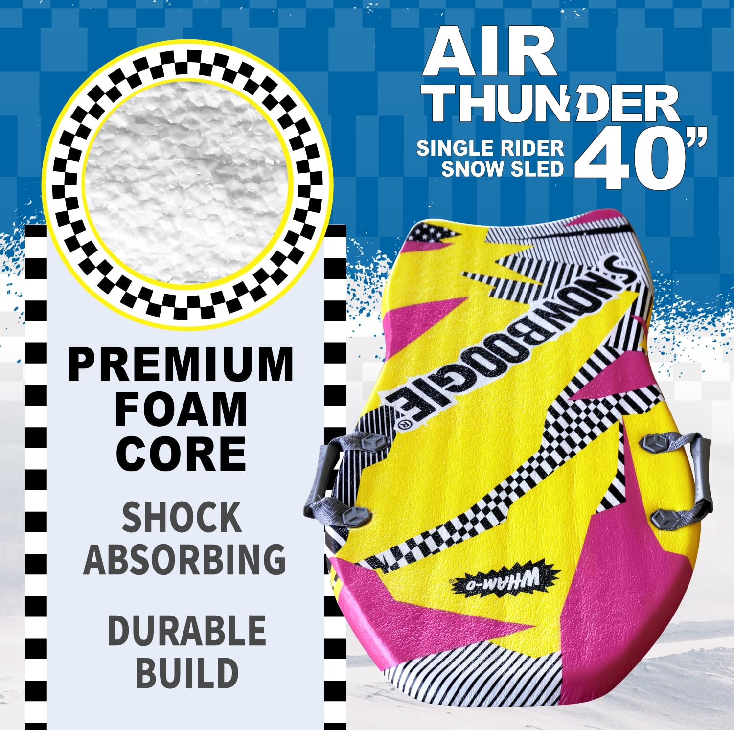 Snowboogie Wham-O Air Thunder 40" | Single Rider Snow Sleds with Side Handles | PE Foam Core for Better Comfort | Snow Sledding for Children (Violet Triangles)