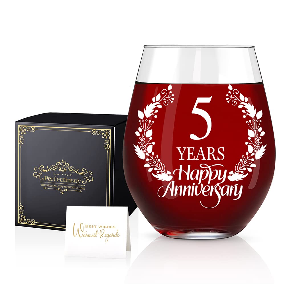 Perfectinsoy 5 Years Happy Anniversary Wine Glass Gift Box, 5th Anniversary Wedding Gift For Mom, Dad, Wife, Couple, Soulmate, Woman, Sister, Bday Party Decorations, Funny Vintage Aged To Perfection
