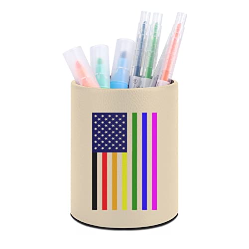 LGBT Gay Pride Flag Pen Holder PU Leather Pencil Cup Cute Desk Organizer Makeup Brush Box for Home Office