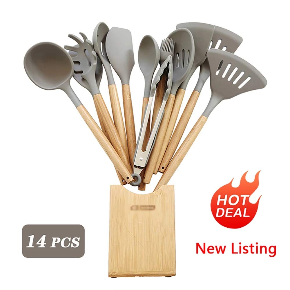 LMMDP 14 Pcs Kitchen Utensils Silicone Cooking Tools Colander Soup Spoon Spatula Brush Pasta Server Egg Beater Food Tongs Kitchen Tools