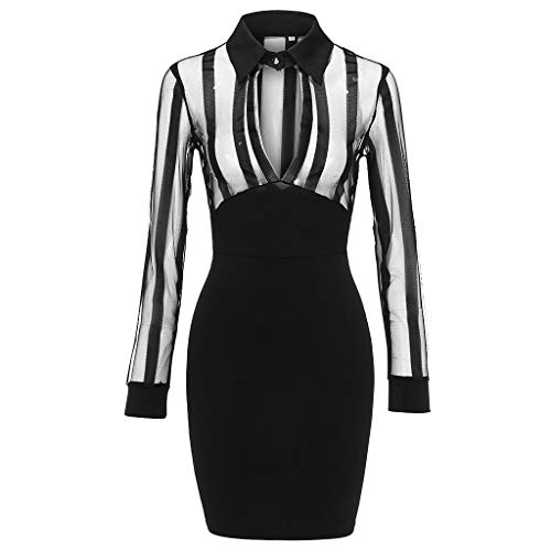 Pinkpaopao Striped Mesh Wrap Dress for Women Long Sleeve Patchwork Cutout Crewneck Wrap Dress