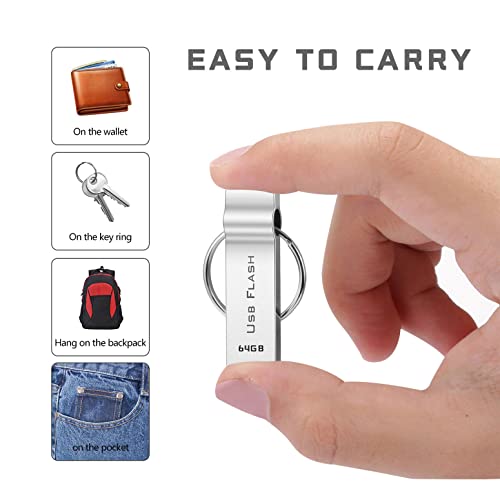 wedcook 64GB USB Flash Drive Waterproof Shockproof Thumb Drive Metal USB Drive Portable Memory Stick 64GB External Data Storage for Computer PC Laptop Car Radio