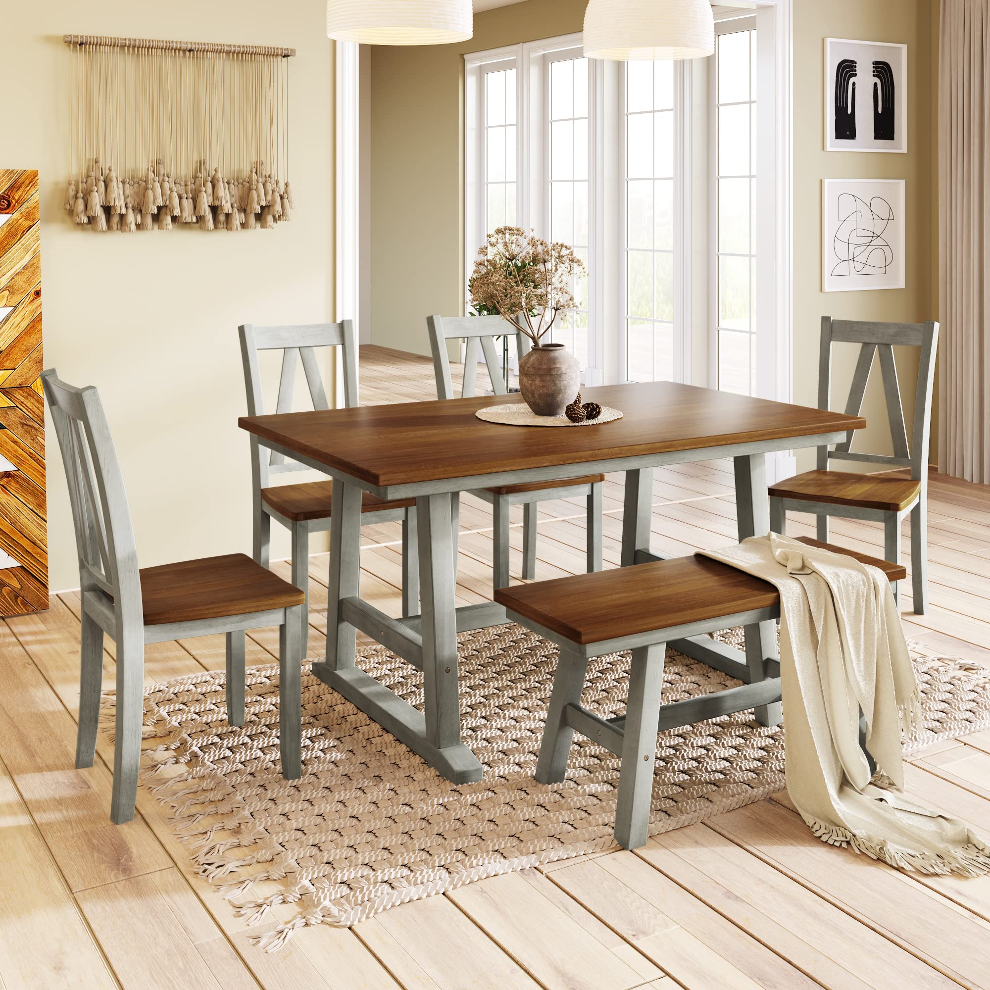 LIADTOP Wood Dining Table Farmhouse Style, 6-Piece Kitchen Set with Long Bench and 4 Chairs,Designed for A Large Family,Walnut+Gray