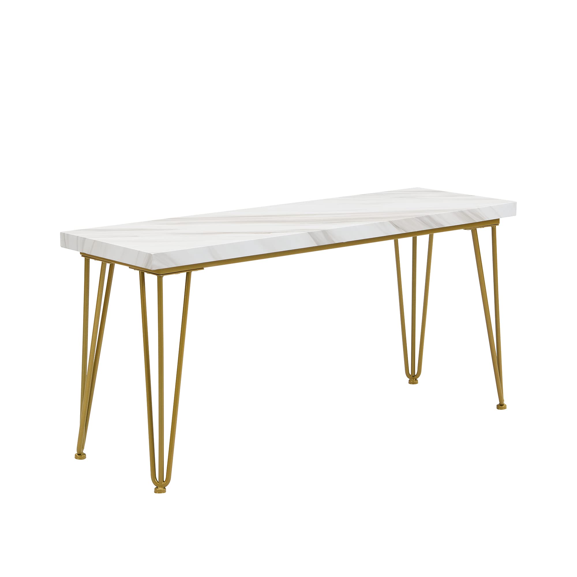 LIADTOP, 3-Piece Kitchen Sets,Rustic Farmhouse Faux Marble Dining 2, Thick Table/Bench Top with Iron Frame for 4,White+Gold