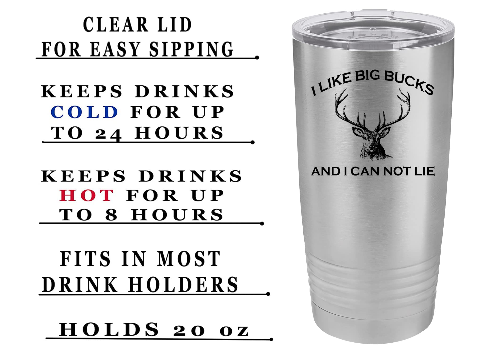 Rogue River Tactical Funny Hunting 20 Oz. Travel Tumbler Mug Cup w/Lid Vacuum Insulated Hot or Cold I Like Big Bucks Hunter Gift