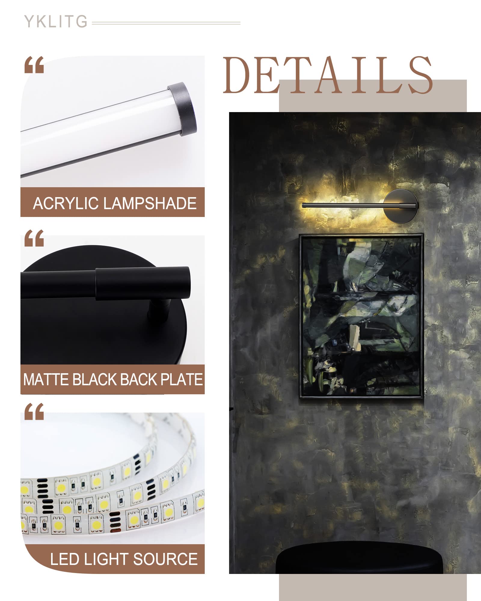 YKLITG 2 Pack Bathroom Light Fixtures, 16.13 inch Black Dimmable LED Modern Vanity Light, Bathroom Light Fixtures Over Mirror, Bathroom, Hallway, Bedroom, 3000K, BD014-LED-BK