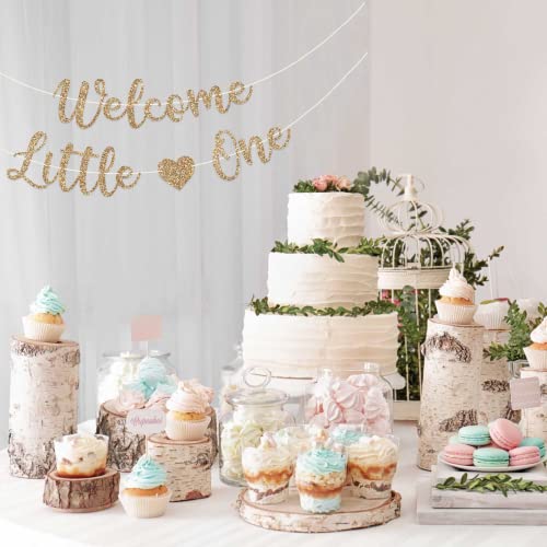 Pre-Strung Welcome Little One Banner - NO DIY - Gold Glitter Baby Shower Gender Reveal Party Banner in Script - Pre-Strung Garland on 6 ft Strand - Neutral Decorations & Decor. Did we Mention no DIY?