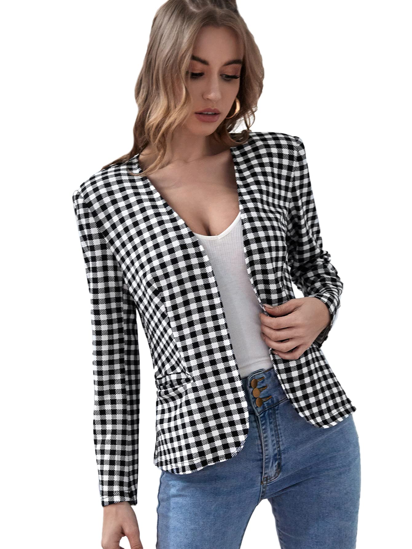 Milumia Women Work Casual Blazer with Pockets Open Front Office Suit Jacket Black and White Large