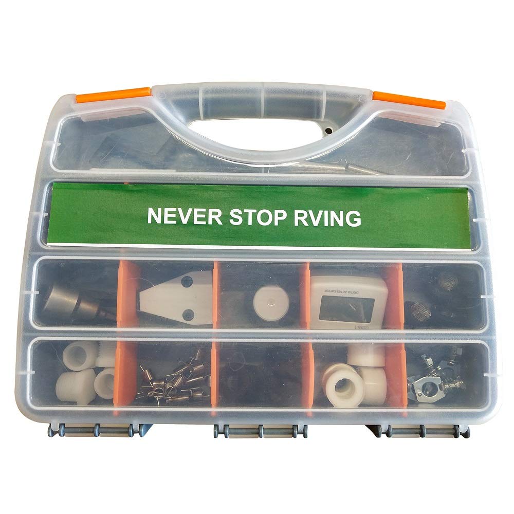 Never Stop RVing 57PCS RV and Trailer Maintenance DIY Kit with Bug Screen Replacement Kit and Springs, AC Voltage Meter, Water Heater Wrench Kit, Step Rug Accessories
