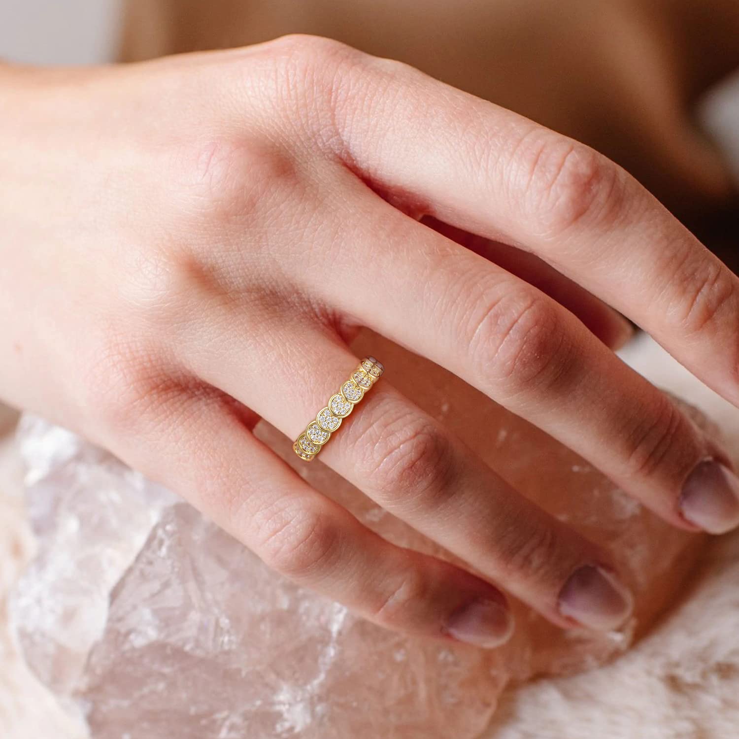SHINYSO 14K Gold Plated Wedding Bands for Women Cubic Zirconia Round Eternity Engagement Promise Rings for Her Size 6