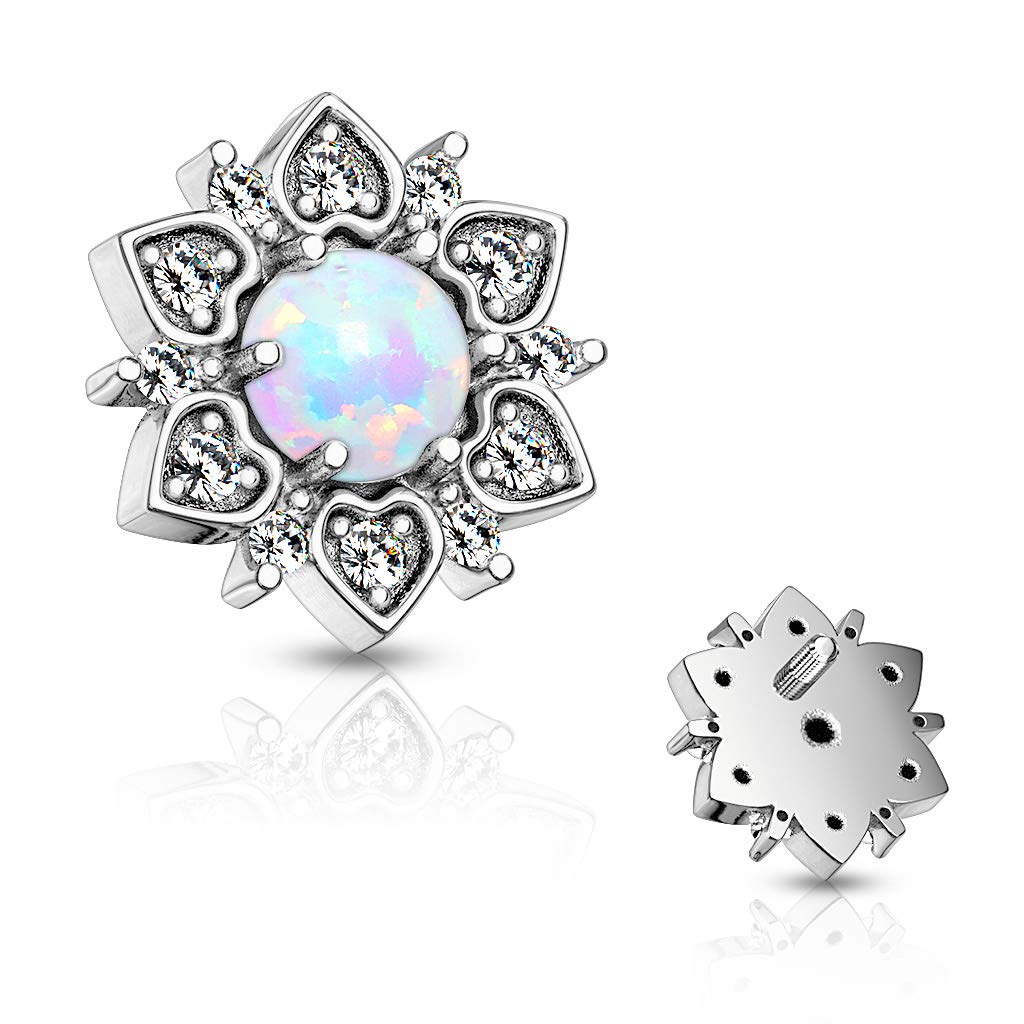 MoBody 14G CZ Flower with Created Opal Center Internally Threaded Dermal Anchor Body Piercing Top (Silver-Tone/White)