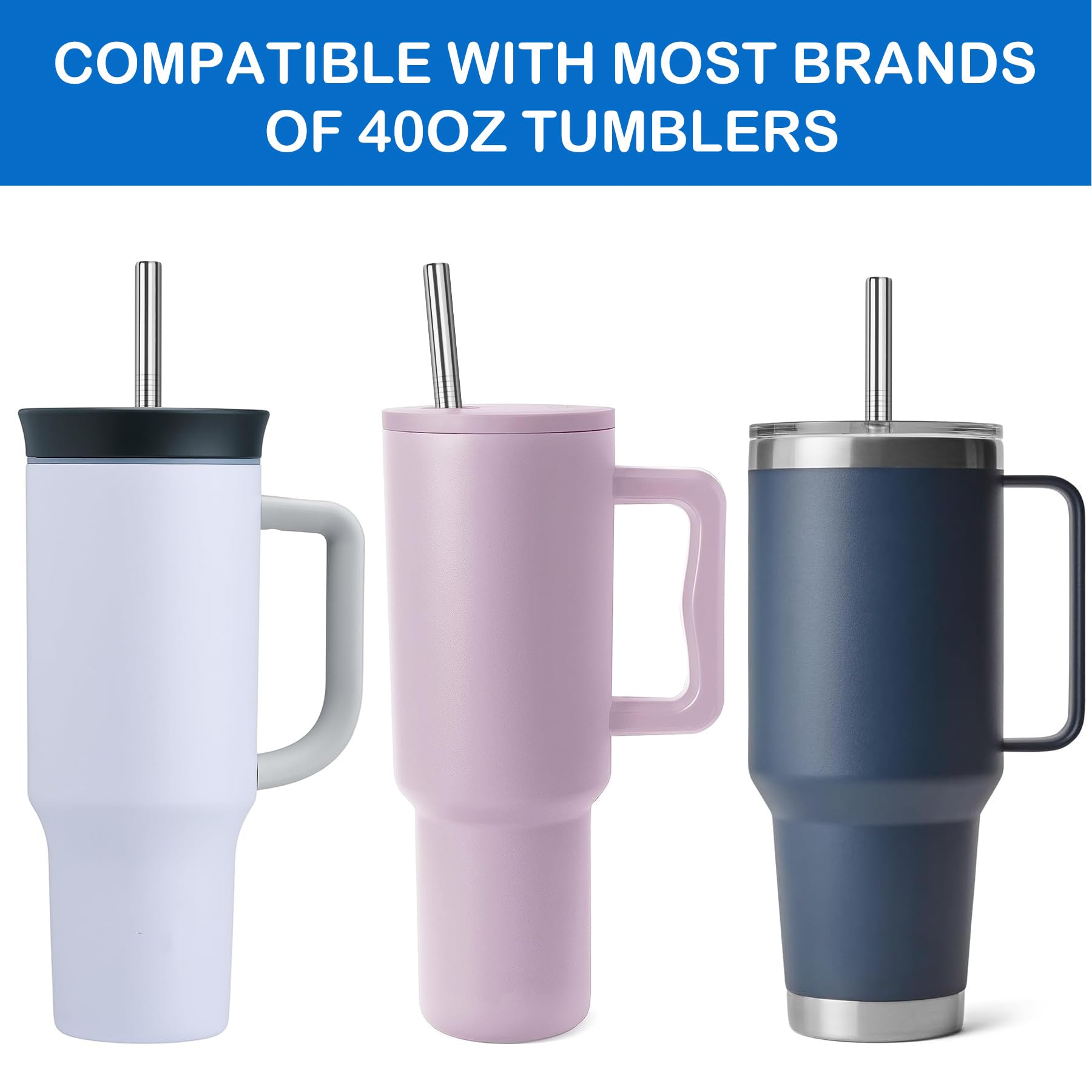 Tomorotec 40oz Straws, 14PCS Stainless Steel Replacement Straws for Stanley 40oz Adventure Quencher Travel Tumblers with Cleaning Brushes 2PCS, Food-Grade, Dishwasher Safe for Smoothies (Silver)