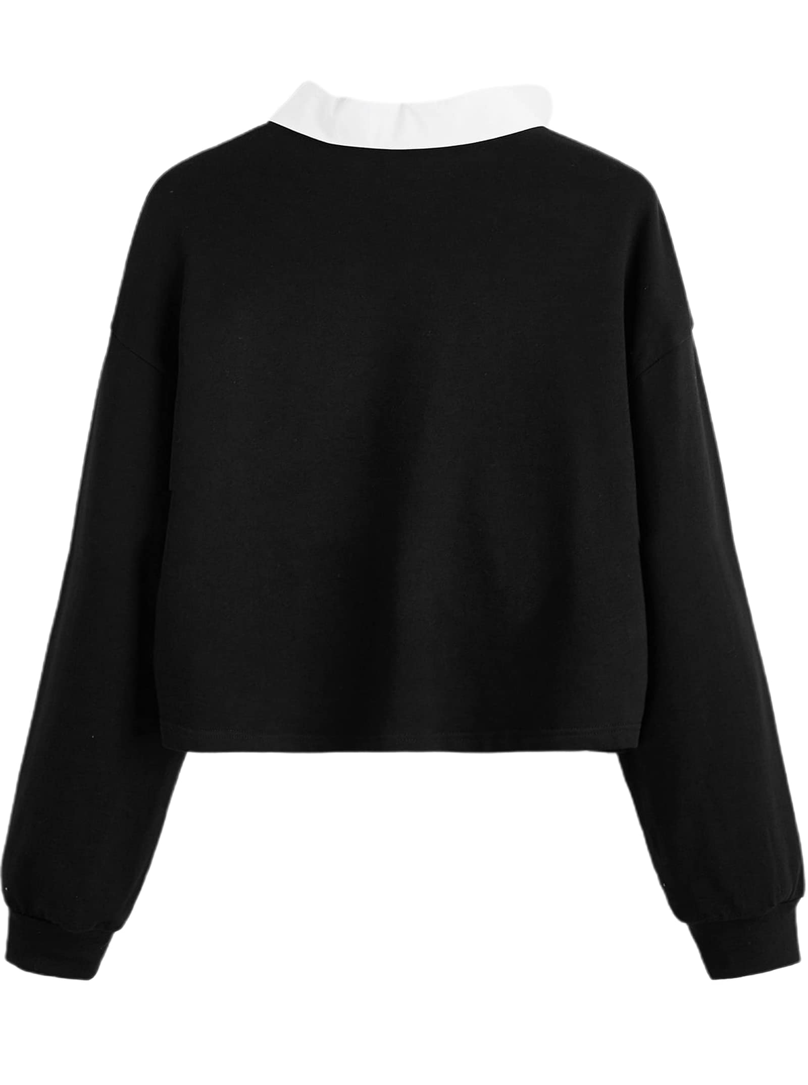 Remidoo Women's Collared Half Button Long Sleeve Solid Color Crop Top Sweatshirt Black Small